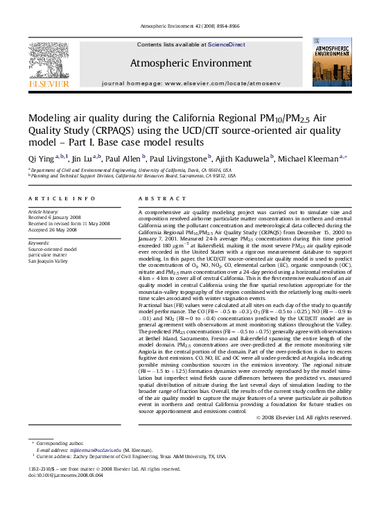 (PDF) Modeling air quality during the California Regional PM10/PM2.5 ...