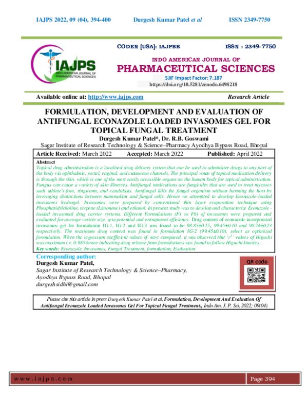 (PDF) FORMULATION, DEVELOPMENT AND EVALUATION OF ANTIFUNGAL ECONAZOLE ...