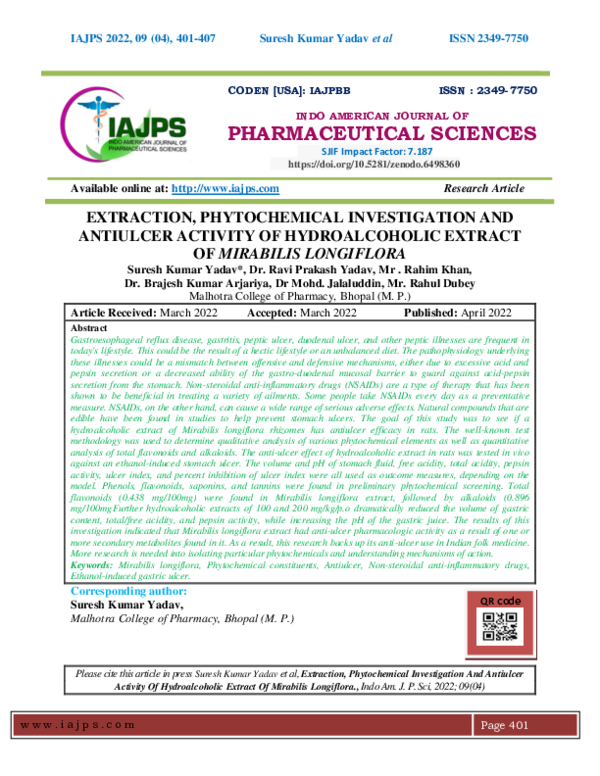 (PDF) EXTRACTION, PHYTOCHEMICAL INVESTIGATION AND ANTIULCER ACTIVITY OF ...