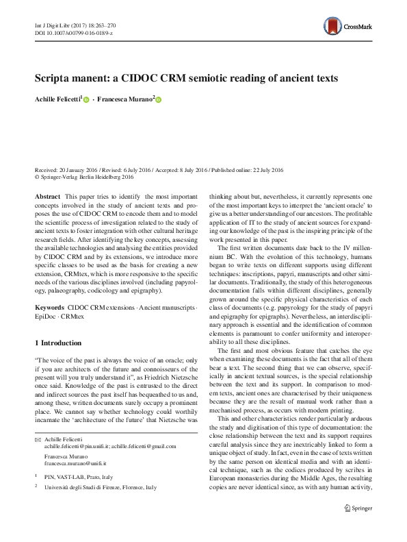 (PDF) Scripta manent: a CIDOC CRM semiotic reading of ancient texts