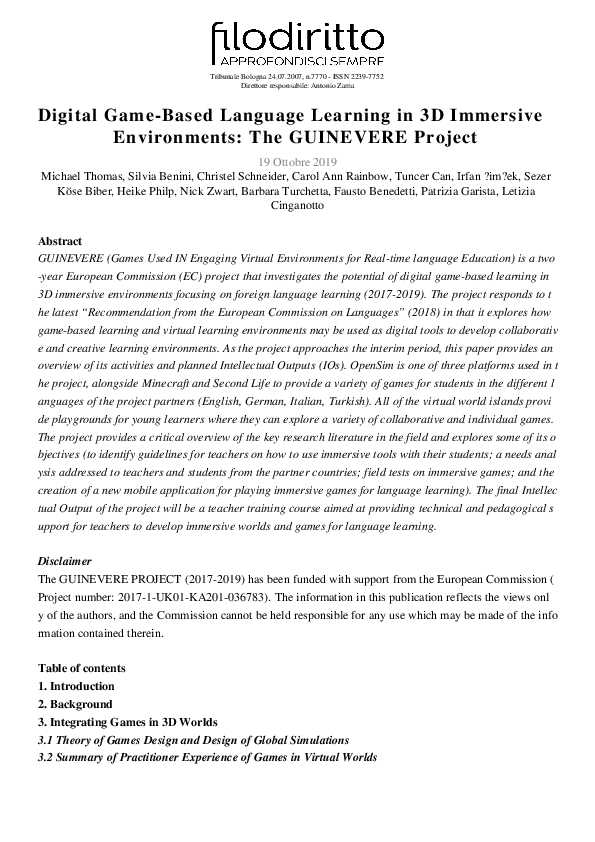 (PDF) Digital Game-Based Language Learning in 3D Immersive Environments: The GUINEVERE Project