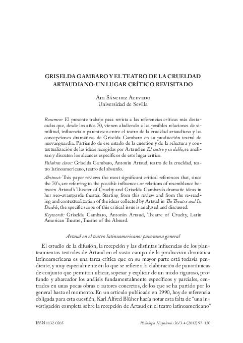 (PDF) Griselda Gambaro y el teatro de la crueldad Artaudiano: un lugar ...