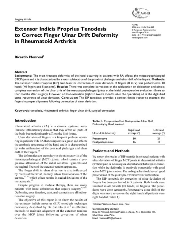 (PDF) Extensor Indicis Proprius Tenodesis to Correct Finger Ulnar Drift ...