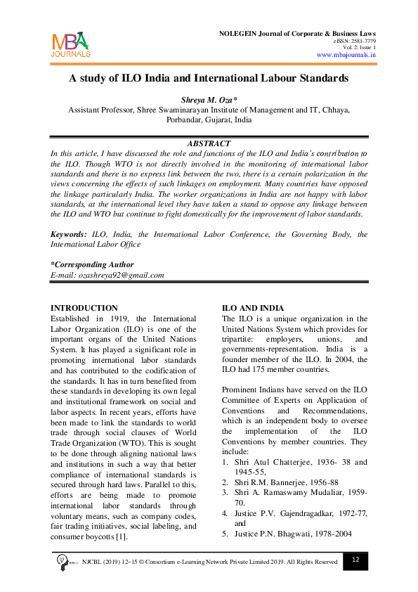 (PDF) A study of ILO India and International Labour Standards