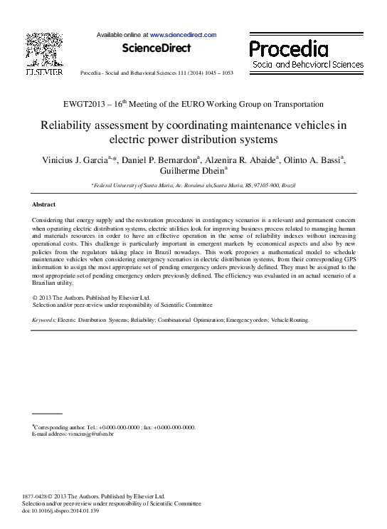 (PDF) Reliability Assessment by Coordinating Maintenance Vehicles in Electric Power Distribution ...