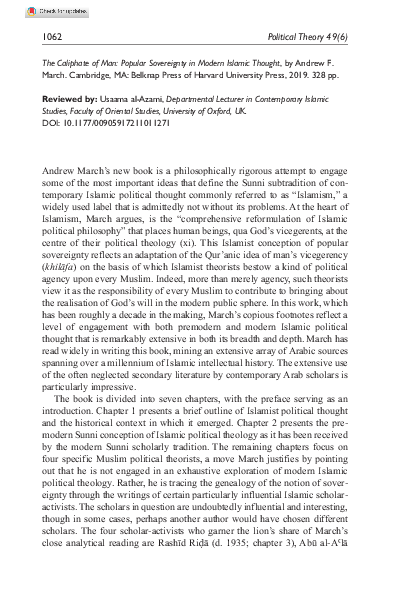 (PDF) Book Review of Andrew March, The Caliphate of Man: Popular ...