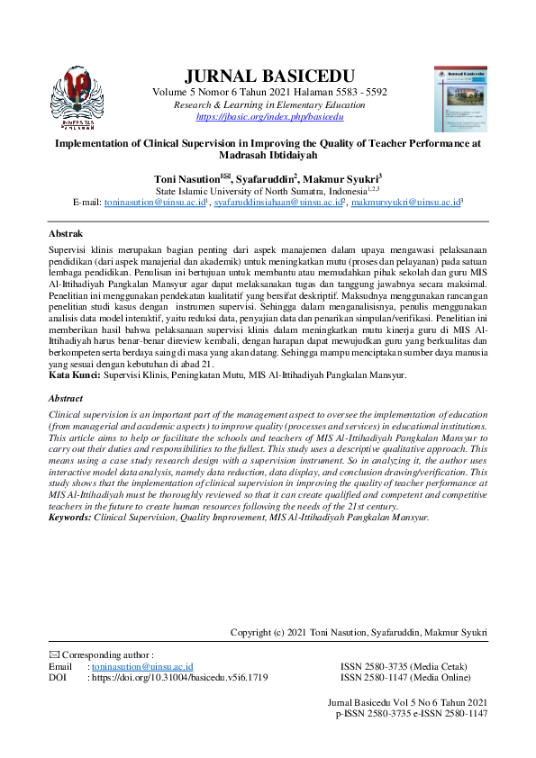 (PDF) Implementation of Clinical Supervision in Improving the Quality of Teacher Performance at ...