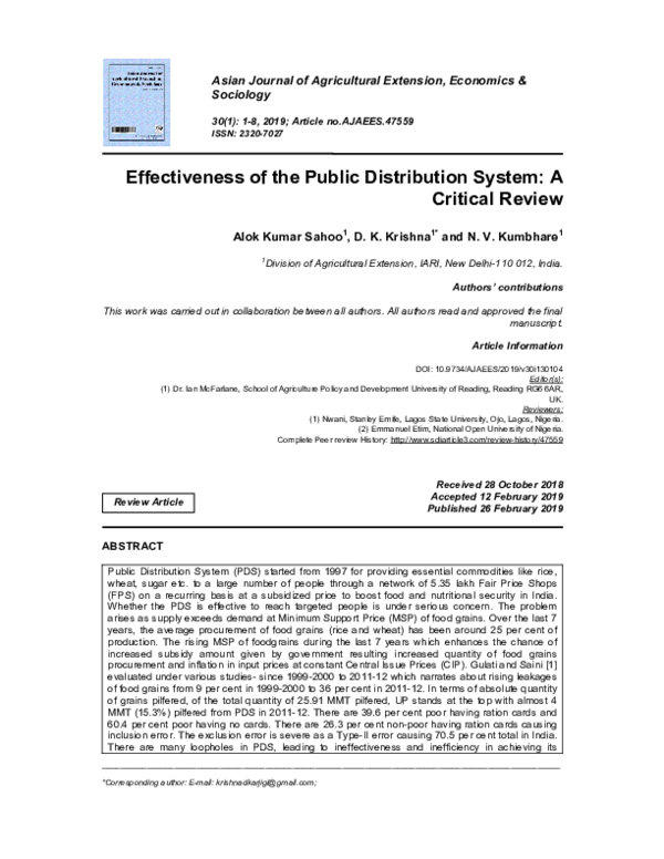 Effectiveness of the Public Distribution System: A Critical Review