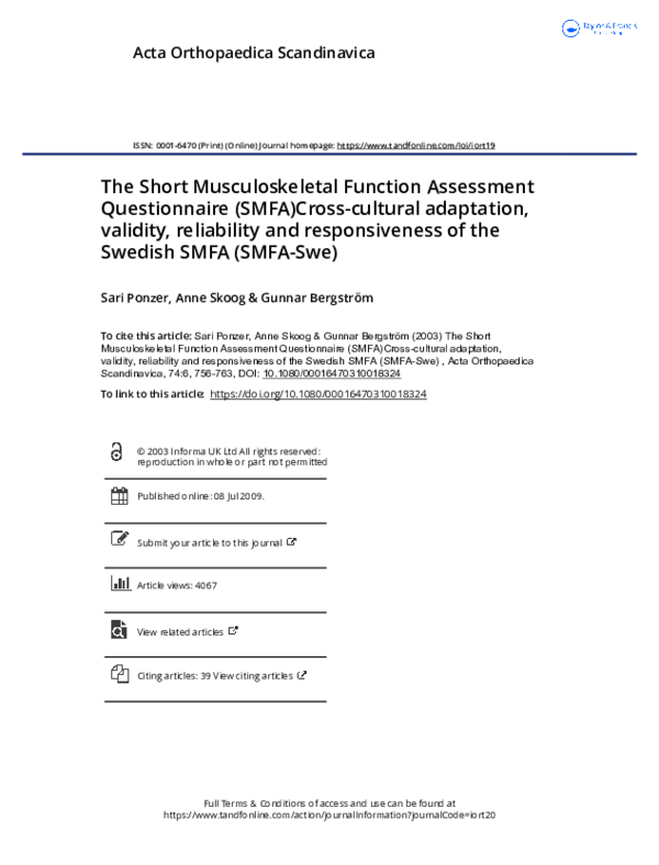 (PDF) The Short Musculoskeletal Function Assessment Questionnaire (SMFA)Cross-cultural ...