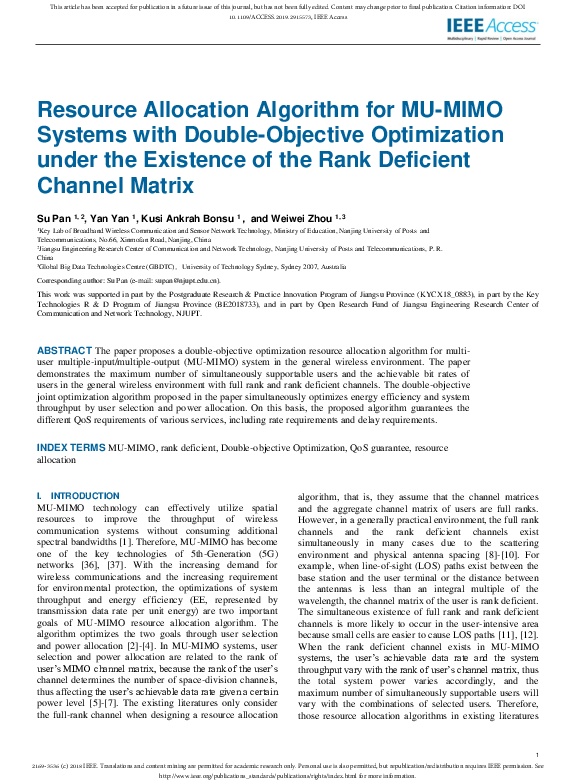 (PDF) Resource Allocation Algorithm for MU-MIMO Systems with Double-Objective Optimization under ...