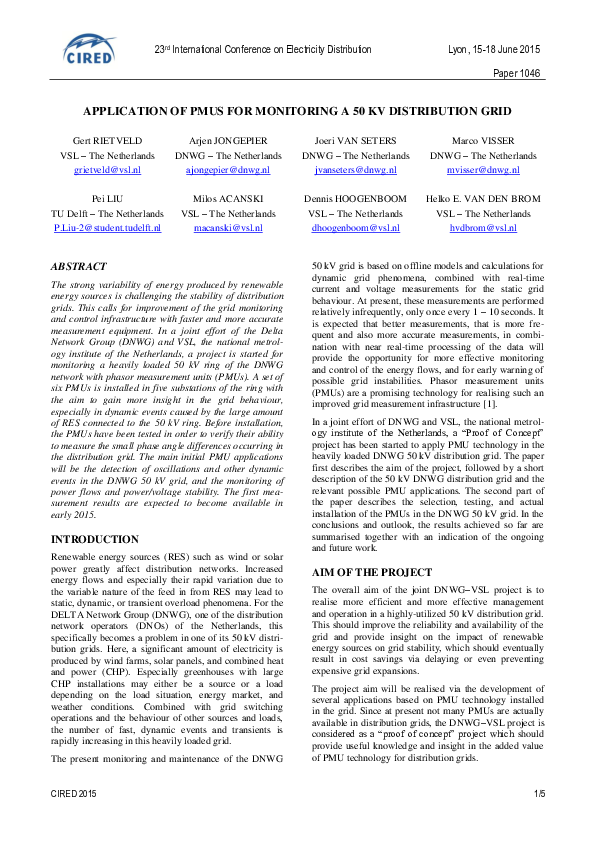 (PDF) Application of Pmus for Monitoring a 50 KV Distribution Grid