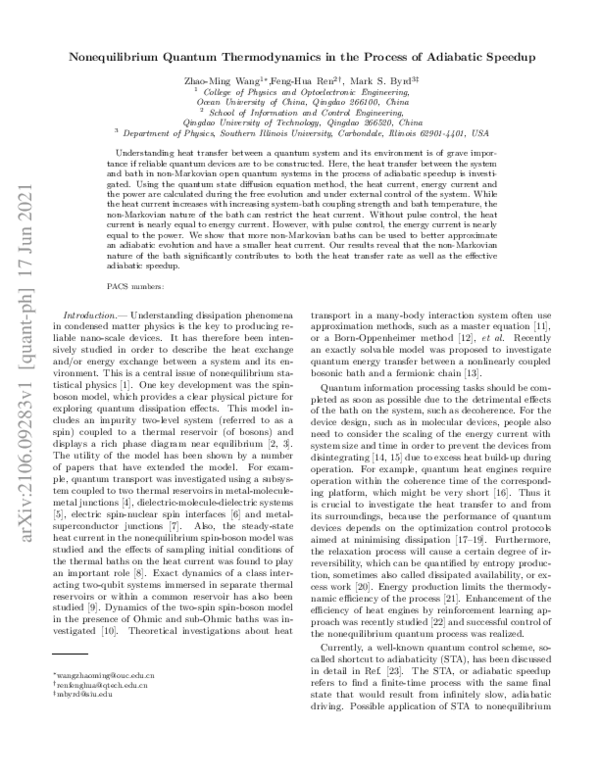 (PDF) Nonequilibrium Quantum Thermodynamics in the Process of Adiabatic Speedup