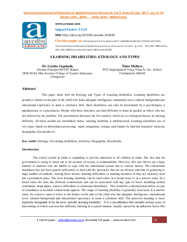 (PDF) Learning Disabilities: Etiology and Types