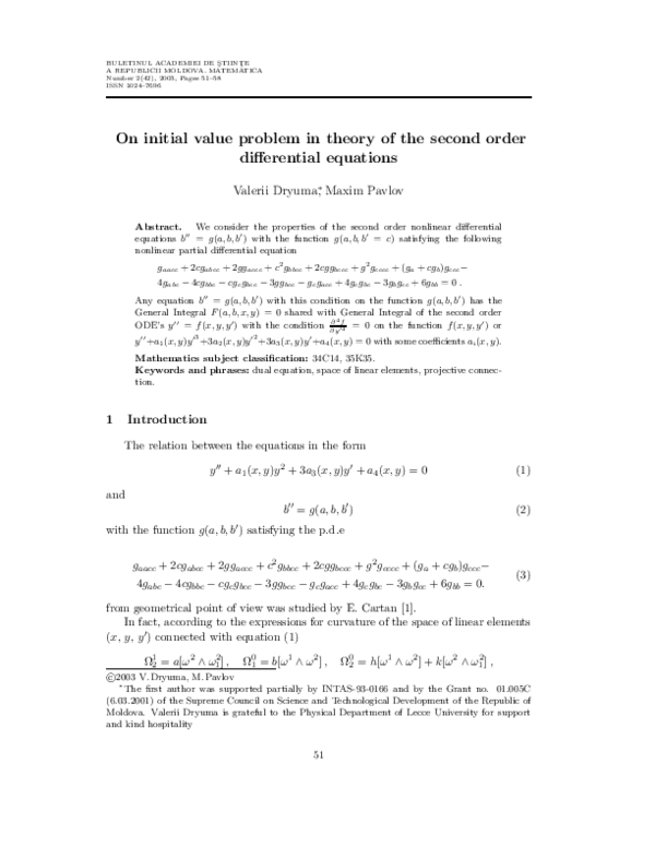(PDF) On initial value problem in theory of the second order differential equations