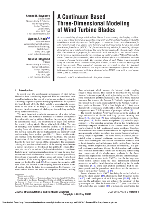 (PDF) A Continuum Based Three-Dimensional Modeling of Wind Turbine Blades