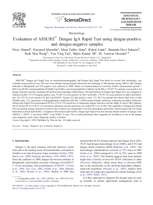 (PDF) Evaluation of ASSURE® Dengue IgA Rapid Test using dengue-positive ...