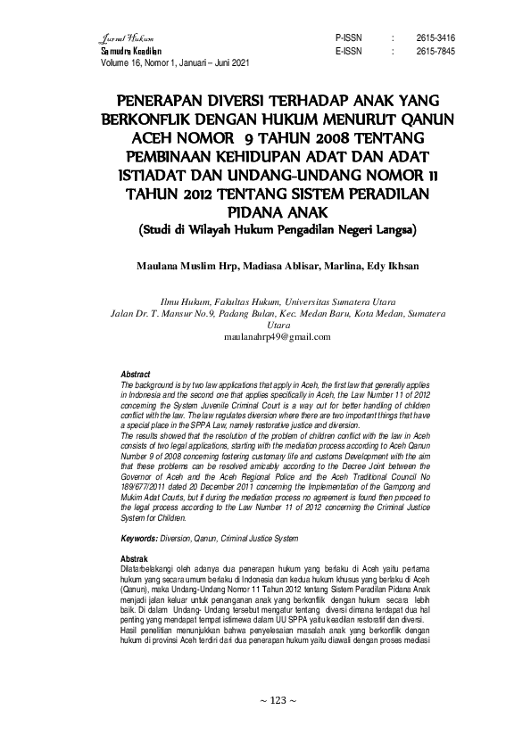 (PDF) Penerapan Diversi Terhadap Anak Yang Berkonflik Dengan Hukum Menurut Qanun Aceh Nomor 9 ...
