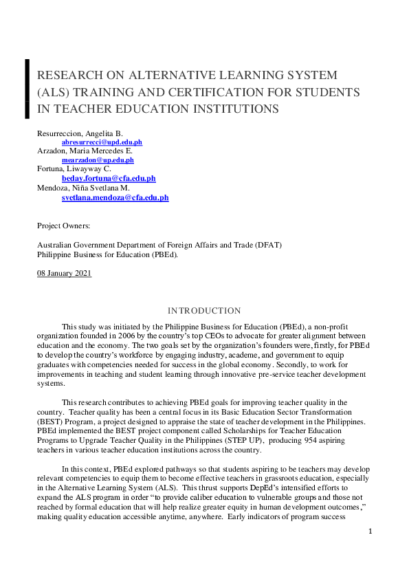 (PDF) RESEARCH ON ALTERNATIVE LEARNING SYSTEM (ALS) TRAINING AND ...