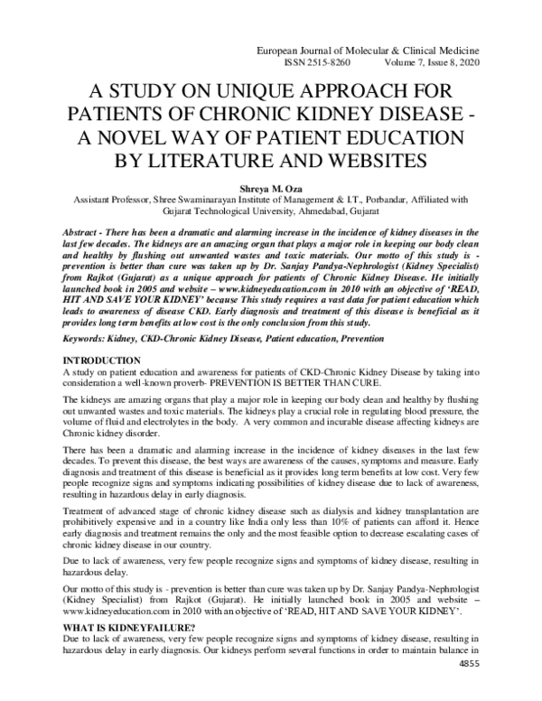 (PDF) A STUDY ON UNIQUE APPROACH FOR PATIENTS OF CHRONIC KIDNEY DISEASE ...