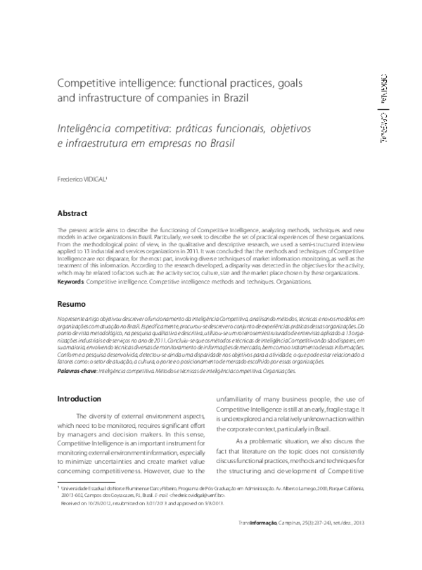 (PDF) Competitive intelligence: functional practices, goals and ...