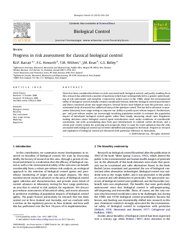 (PDF) Progress in risk assessment for classical biological control