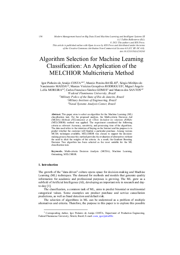 Pdf Algorithm Selection For Machine Learning Classification An Application Of The Melchior