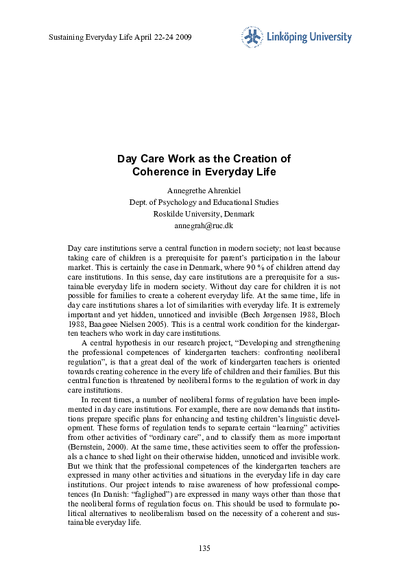(PDF) Day Care Work as the Creation of Coherence in Everyday Life