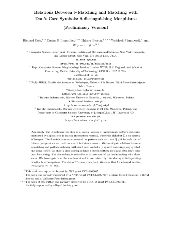 (PDF) Relations Between δ-Matching and Matching with Don’t Care Symbols: δ-distinguishing ...