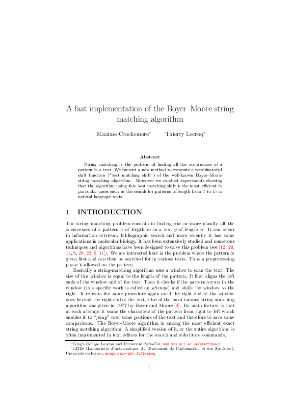 (PDF) A fast implementation of the Boyer--Moore string matching algorithm