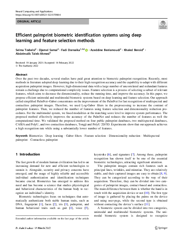 (PDF) Deep Learning and Feature Selection for Palmprint Identification