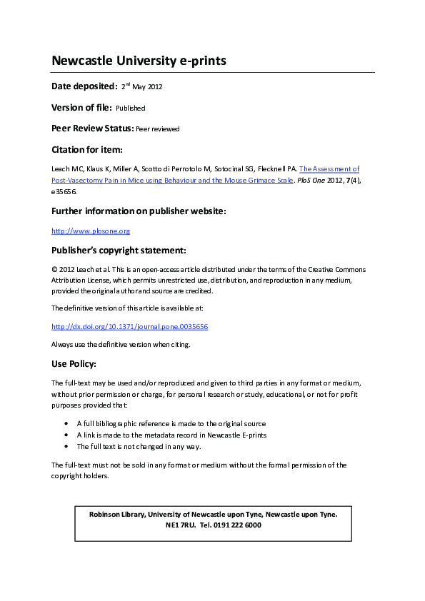(PDF) The assessment of post-vasectomy pain in mice using behaviour and ...