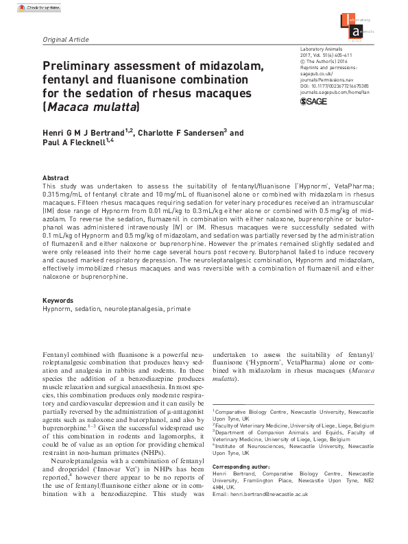(PDF) Preliminary assessment of midazolam, fentanyl and fluanisone ...