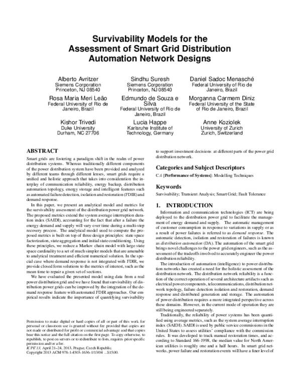 (PDF) Survivability models for the assessment of smart grid distribution automation network designs