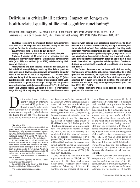 (PDF) Delirium in critically ill patients: Impact on long-term health ...