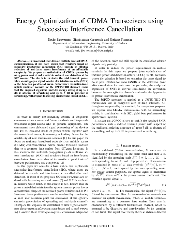(PDF) Energy optimization of CDMA transceivers using successive interference cancellation