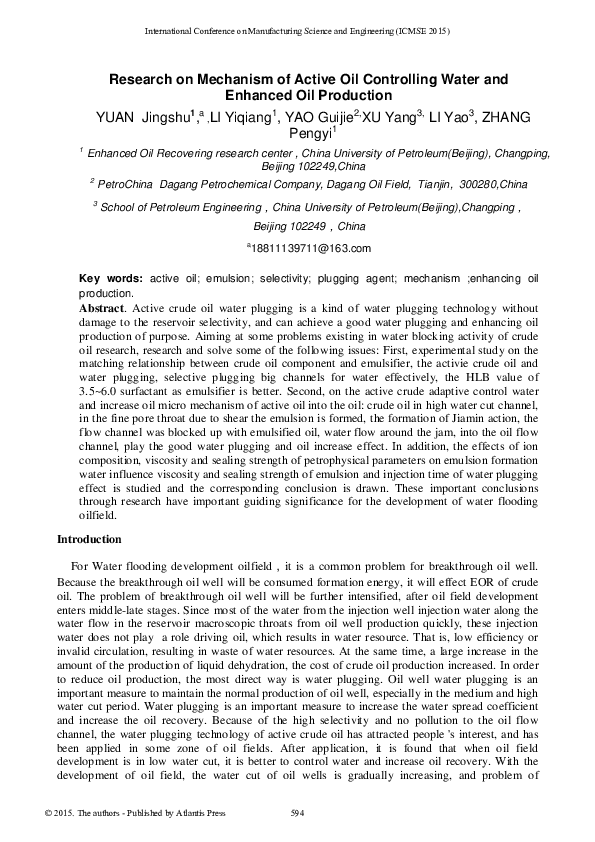 (PDF) Research on Mechanism of Active Oil Controlling Water and ...