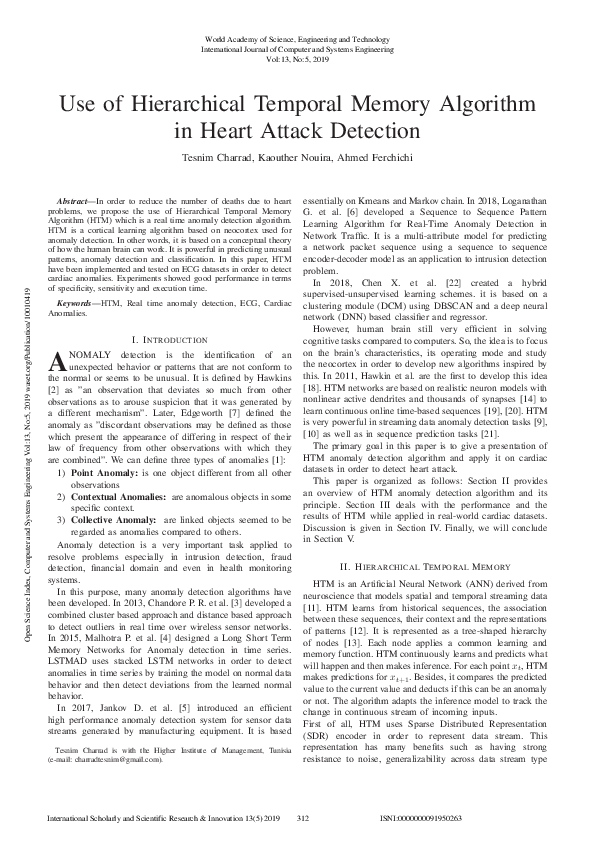 Pdf Use Of Hierarchical Temporal Memory Algorithm In Heart Attack Detection