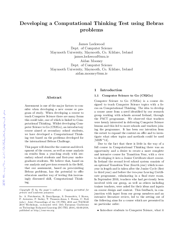 Pdf Developing Computational Thinking Test Using Bebras Problems