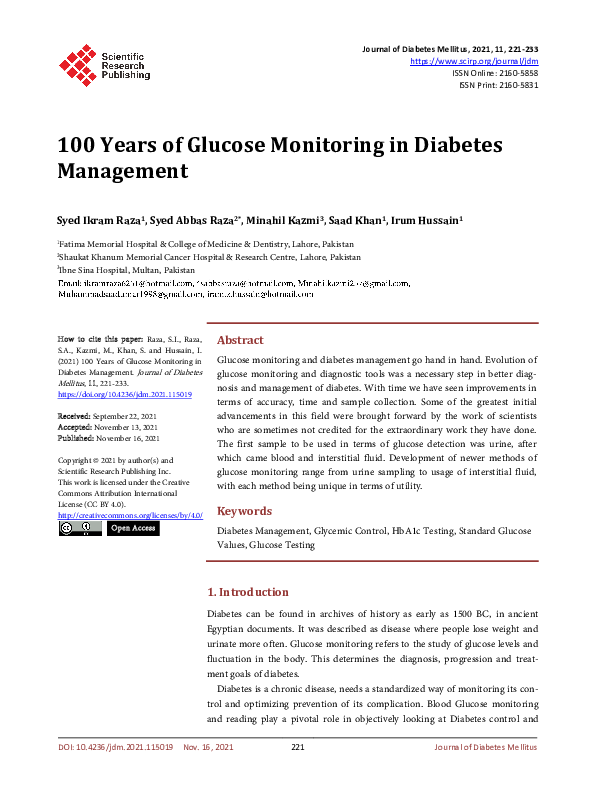 (PDF) 100 Years of Glucose Monitoring in Diabetes Management