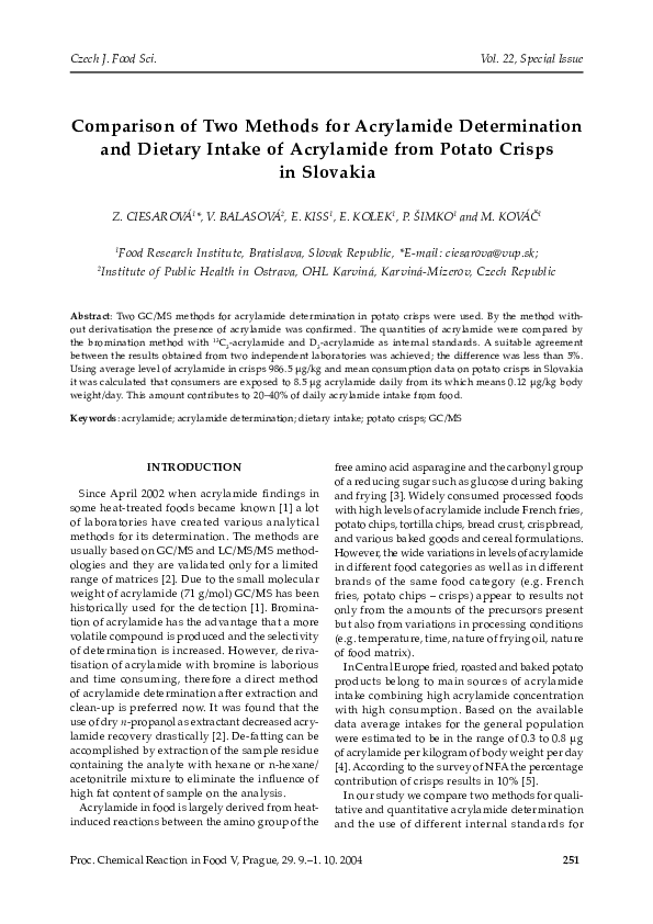 (PDF) Comparison of two methods for acrylamide determination and ...