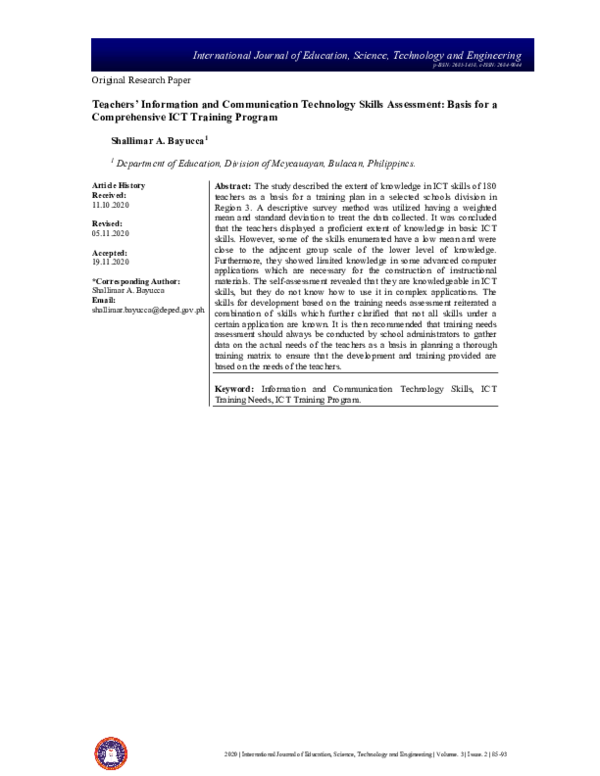 (PDF) Teachers’ Information and Communication Technology (ICT) Skills Assessment: Basis for a ...