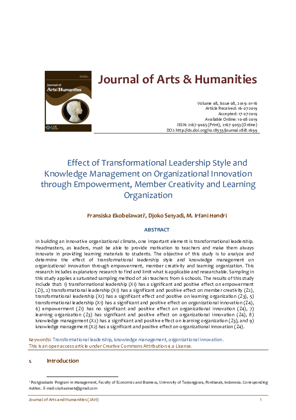 (PDF) Effect of Transformational Leadership Style and Knowledge Management on Organizational ...