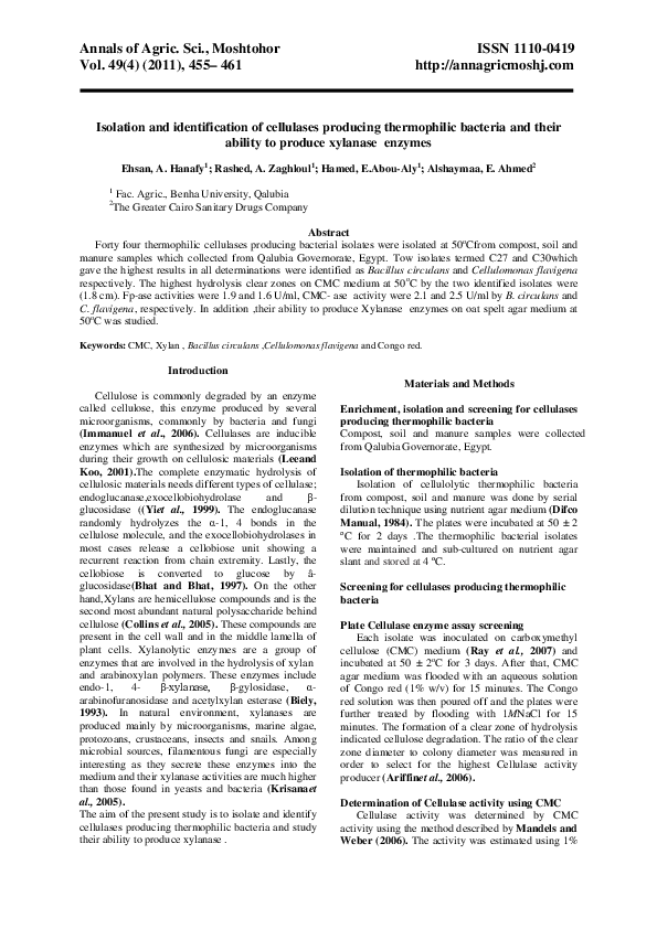 (PDF) Isolation and identification of cellulases producing thermophilic bacteria and their ...