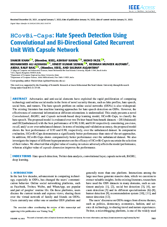 (PDF) HCovBi-Caps: Hate Speech Detection Using Convolutional and Bi-Directional Gated Recurrent ...