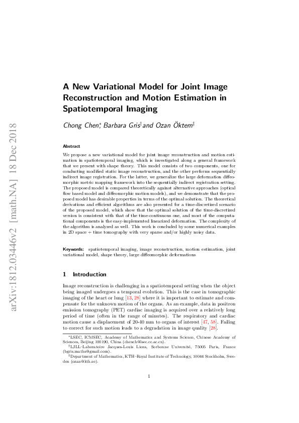 Pdf A New Variational Model For Joint Image Reconstruction And Motion