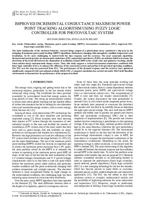 Pdf Improved Incremental Conductance Maximum Power Point Tracking Algorithm Using Fuzzy Logic