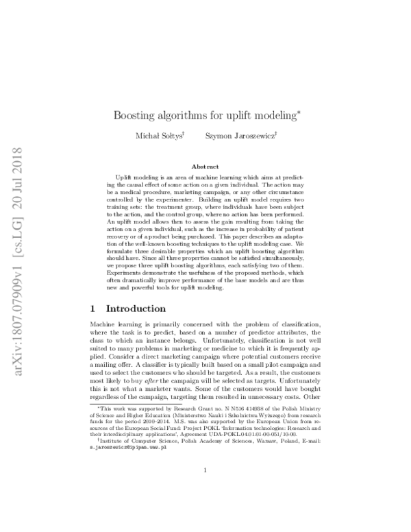 (PDF) Boosting algorithms for uplift modeling