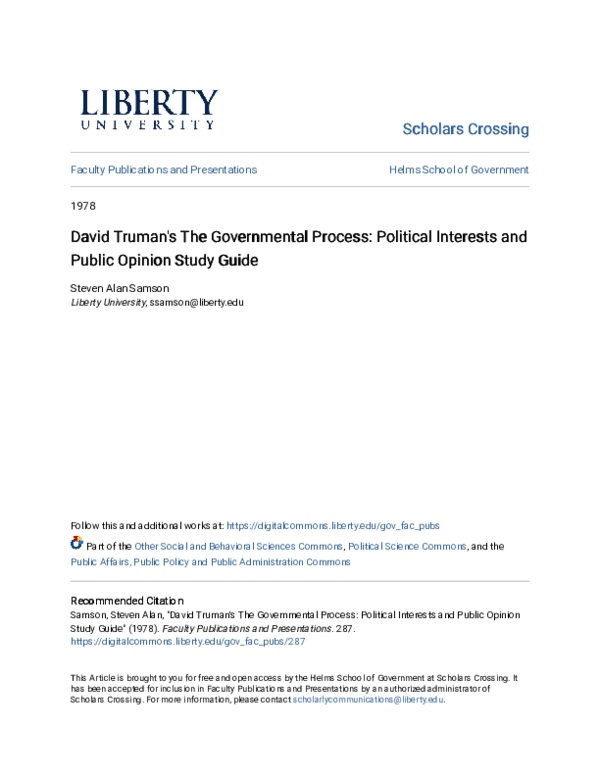 (PDF) David Truman's The Governmental Process: Political Interests and ...