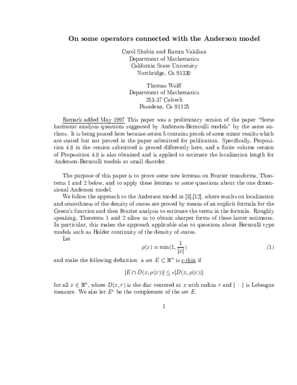 (PDF) On some operators connected with the Anderson model