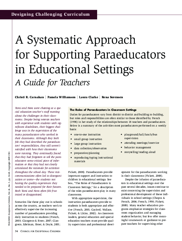(PDF) A Systematic Approach for Supporting Paraeducators in Educational ...